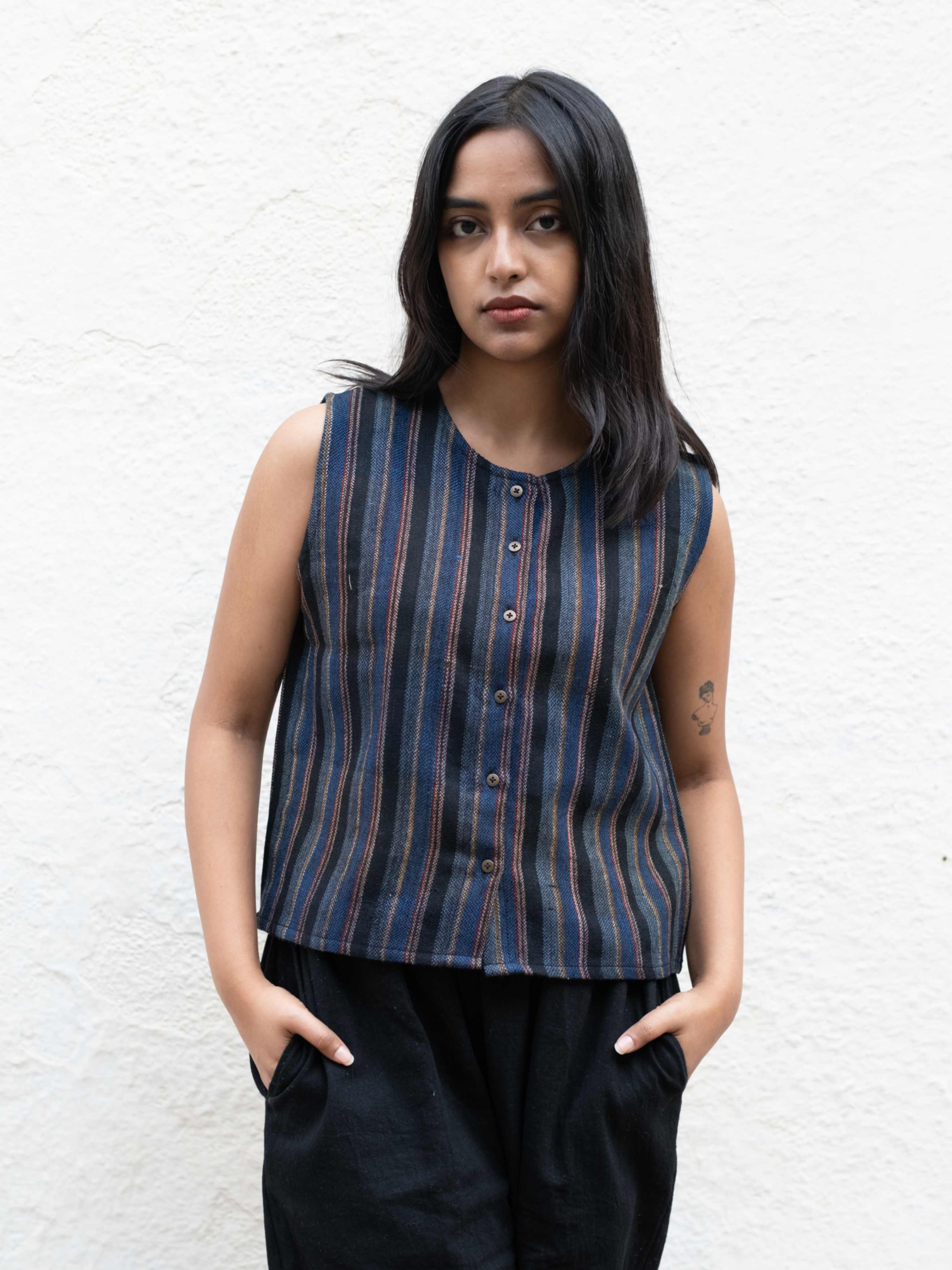Valley Top - Striped Handwoven Wool Sleeveless Top - with N.