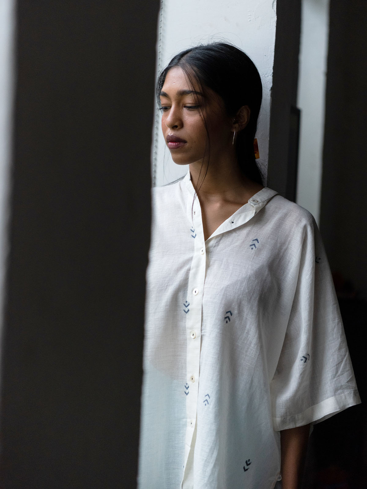 Handwoven Cotton Shirt with Half Sleeves for Women - Flow Shirt - with N.